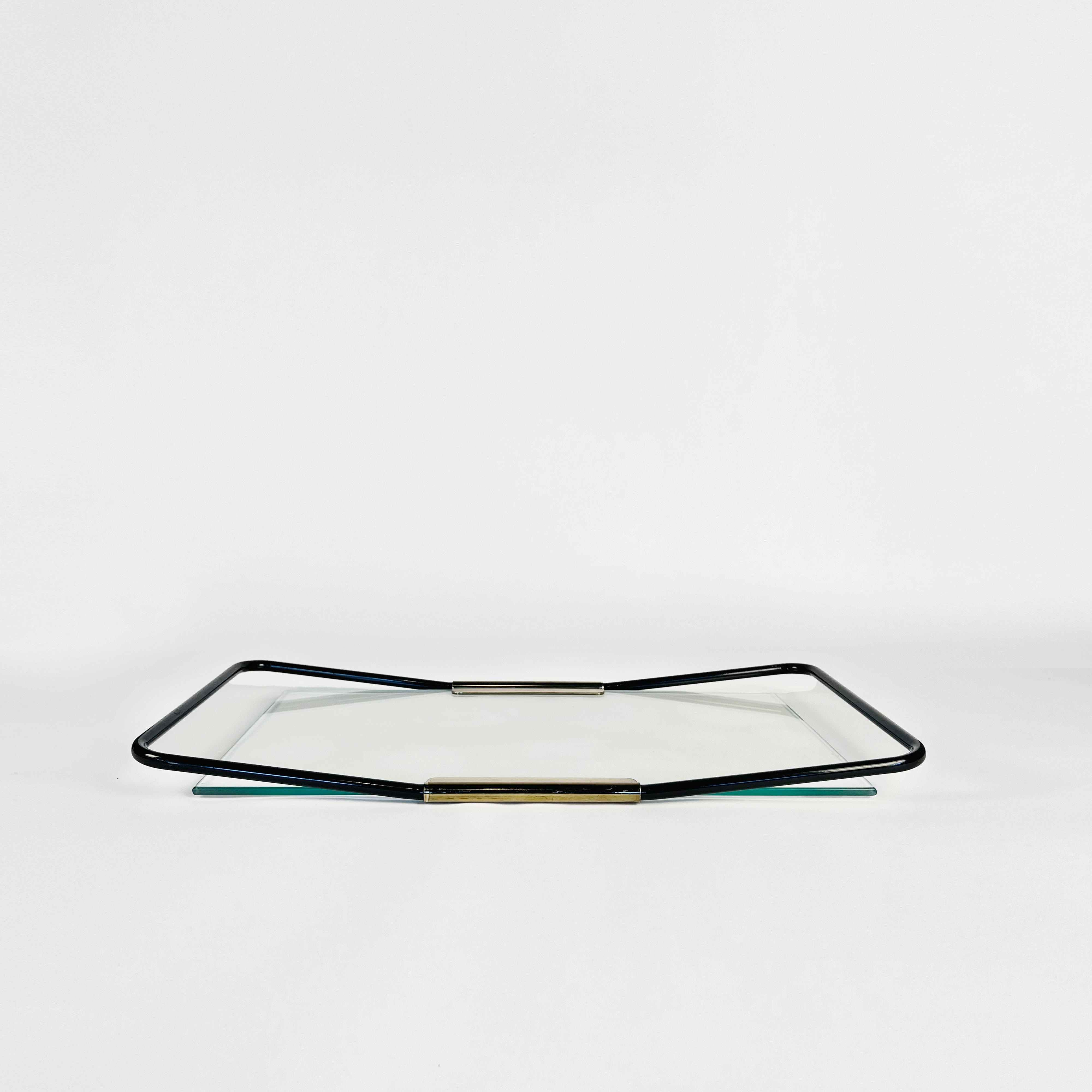 Italian Rectangular Black Metal, Brass and Glass Tray, circa 1960s ...